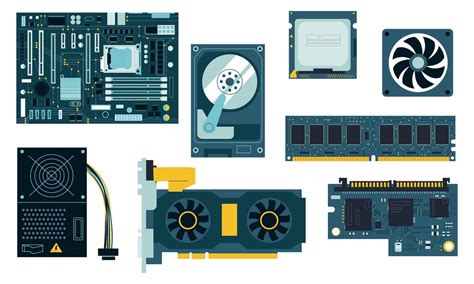 pc components cpu gpu motherboard cooler ssd and hand drawn memory