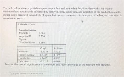 Solved The Table Below Shows A Partial Computer Output For A