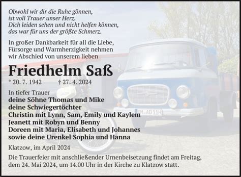 Traueranzeigen Von Friedhelm Saß Trauer Nordkurier