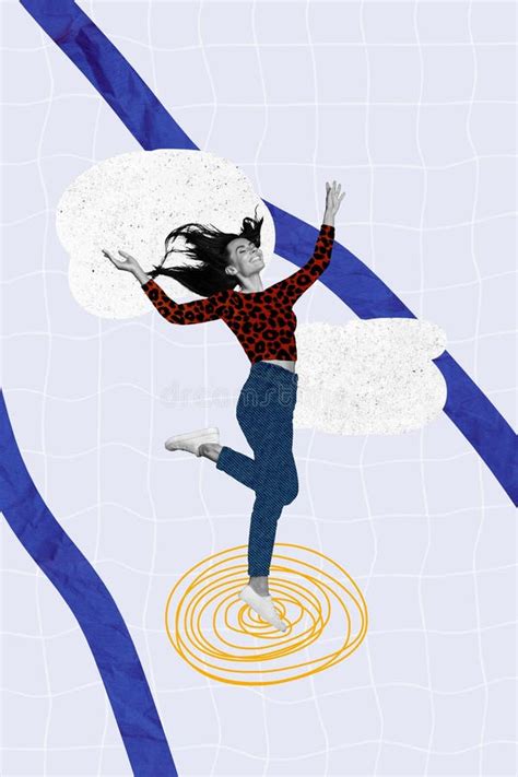 3d Retro Abstract Creative Artwork Template Collage Of Peaceful Excited Young Woman Jumping Feel
