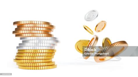 흰색 배경에 고립 된 금은과 청동 동전의 스택 많은 동전이 바닥에 떨어졌다 자본 성장 절약 및 금융 개념 3d 렌더링 0명에 대한 스톡 사진 및 기타 이미지 Istock