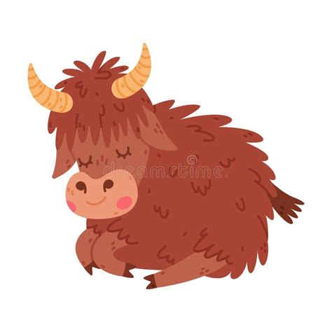 Cute Yak Character With Dense Fur And Horns In Sitting Pose Vector