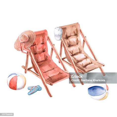 일광욕 의자 2개 모자 공 레스토랑 디자인 관광 브로셔 직물 및 직물에 인쇄를 위한 해변 휴가를 주제로 한 고립된 수채화 삽화 0명에 대한 스톡 벡터 아트 및 기타 이미지