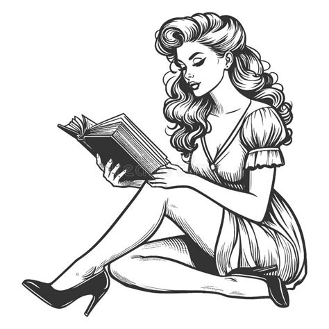 Pin Up Girl Reading Book Engraving Raster Stock Illustration