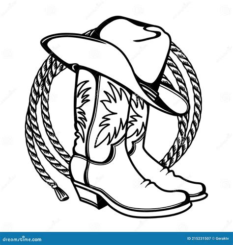 Cowboy Boots And Western Hat And Cowboy Lasso Vector Graphic Hand
