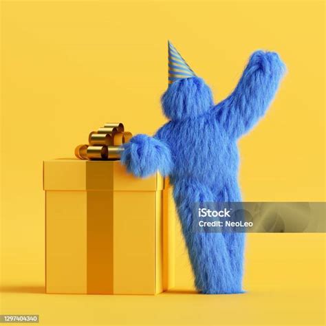 3d 렌더링 재미있는 털이 푸른 괴물은 큰 선물 상자 근처에 서 생일 파티를 축하 예티 만화 캐릭터 노란색 배경에 고립 된 축제