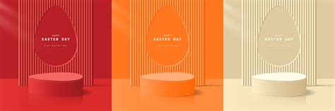 빨간색 주황색 및 갈색 3d 계란 실린더 연단 받침대 세트는 계란 구멍 모양의 배경으로 사실적입니다 모형 제품을 위한 최소한의 장면 3d 벡터 기하학적 형태입니다 행복한