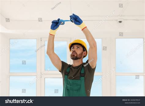 Electrician Fixing Wires Insulating Tape Indoors Stock Photo 2224279537