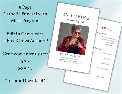 8 Page Catholic Mass Funeral Program Template Instant Download Edit In Canva Etsy