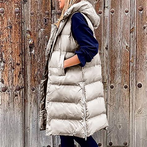 Bltiby Long Puffer Vest For Women Quilted Hooded Button Down Zip Up