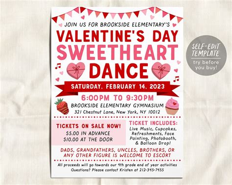 Valentines Day Sweetheart Dance Flyer Editable Template Valentines