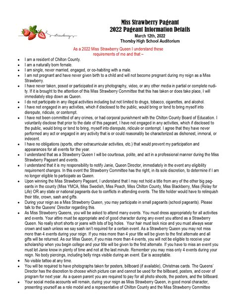Pageant Information And Rules Chilton County Strawberry Festival Auction