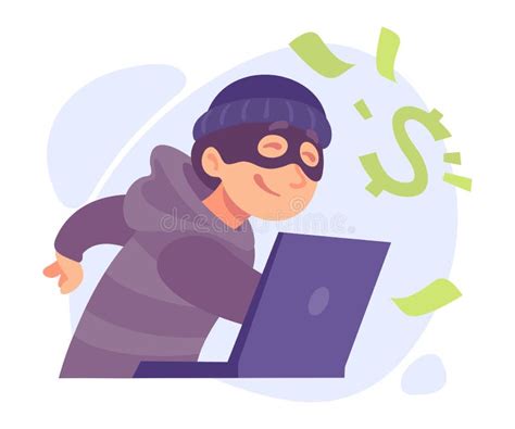 Man Criminal In Hoody And Mask At Laptop Stealing Money Committing Crime In Cyberspace Vector