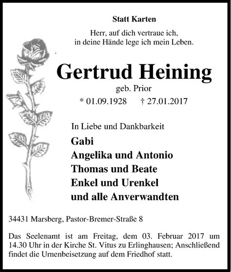 Traueranzeigen Von Gertrud Heining Trauer In Nrw De