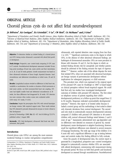 Pdf Choroid Plexus Cysts Do Not Affect Fetal Neurodevelopment