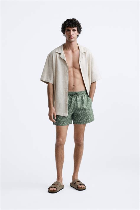Floral Print Swimming Trunks Bottle Green Zara Singapore