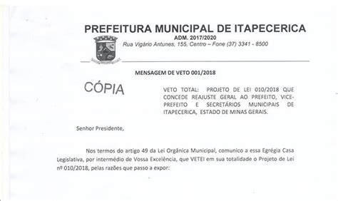 Projeto Que Reajusta Salários Do Prefeito Vice E Secretários é Vetado