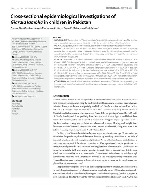 Pdf Cross Sectional Epidemiological Investigations Of Giardia Lamblia