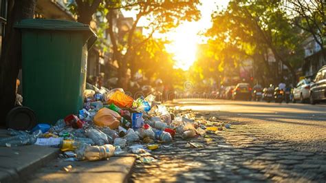 Overflowing Garbage Bin With Trash Spilling Out Onto The Street At