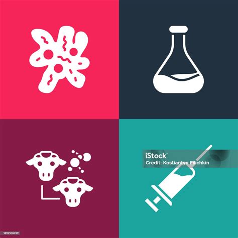 Set Pop Art Syringe Cloning Test Tube And Flask And Cell Icon Vector Stock Illustration