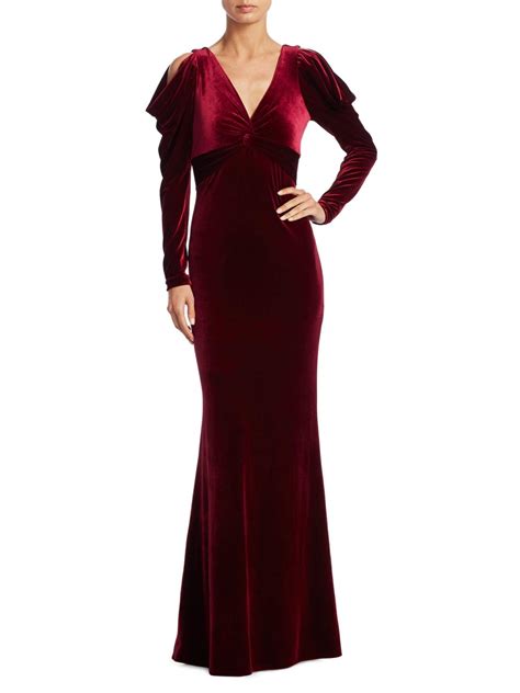 Teri Jon Velvet Cold Shoulder V Neck Evening Gown Dress Wine