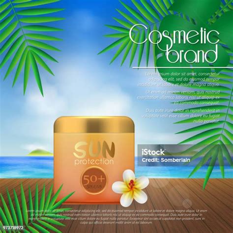 이국적인 야자수와 해변 배경에 여름 선크림 화장품 디자인 서식 파일 나뭇잎 3d 현실 태양 보호와 제품 광고입니다 3차원 형태에 대한 스톡 벡터 아트 및 기타 이미지