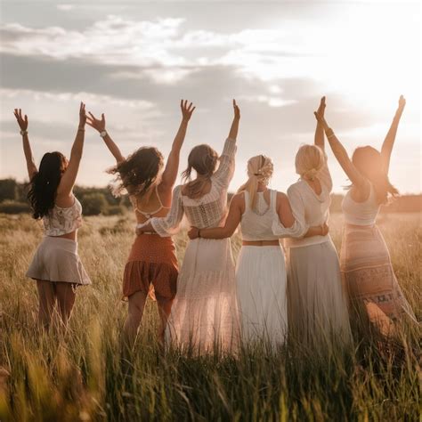 A Group Of Women In A Field With Their Arms Raised Up In The Air