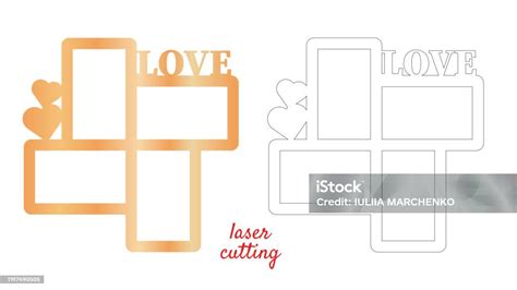 레이저 절단에 대한 비문 사랑과 사진 프레임 사진 프레임의 콜라주 나무와 금속 템플릿 레이저 커팅 머신 성 발렌타인 데이 또는 결혼식 날을위한 완벽한 선물 개념에 대한 스톡