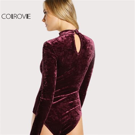 Choker Neck Sexy Skinny Bodysuit Crushed Velvet Long Sleeve Burgundy