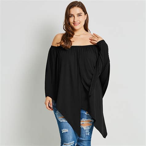 Womens Black Off Shoulder Long Sleeve Asymmetric T Shirt Plus Size N15455