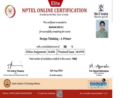 Designthinking Nptel Certificate Innovation Problemsolving Sonacollegeoftechnolgy Barani Sri