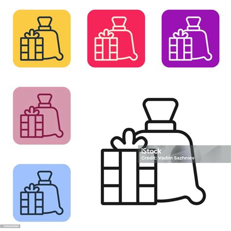 흰색 배경에 고립 된 블랙 라인 산타 클로스 가방 선물 아이콘 크리스마스 선물 자루 메리 크리스마스와 새해 복 많은 새해 색상
