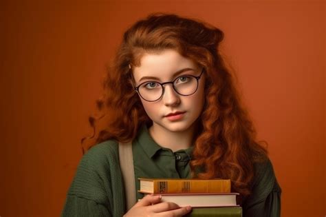 Premium Ai Image A Girl With Red Hair And Glasses Holds A Stack Of Books