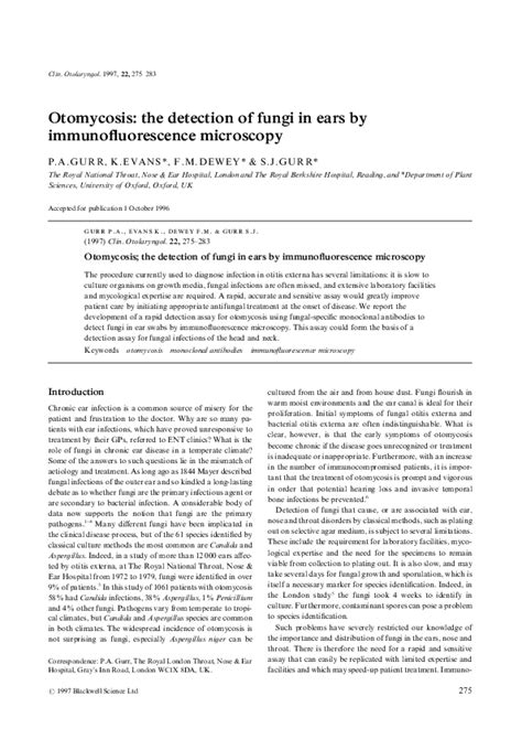 Pdf Otomycosis The Detection Of Fungi In Ears By Immunofluorescence