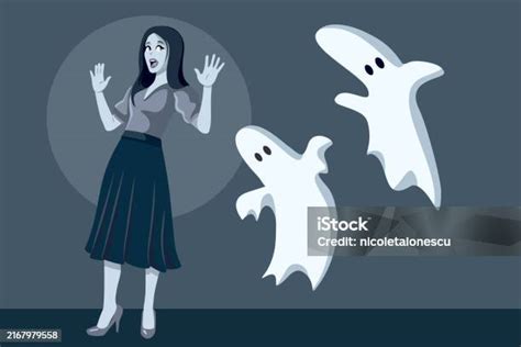 무서운 여자는 유령을 만나 벡터 만화 일러스트 레이 션 겁먹은에 대한 스톡 벡터 아트 및 기타 이미지 겁먹은 공포 무서움 귀신 Istock