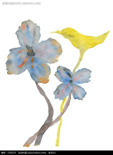 蓝色花朵蜂鸟水彩随笔简笔画PSD素材免费下载 红动网