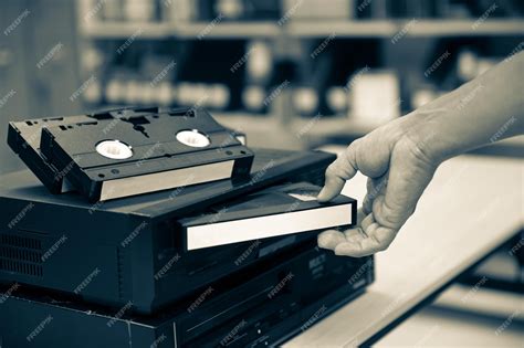 Premium Photo Closeup Hand Chooses And Put Or Insert Video Cassette Tape Vhs On Video Tape