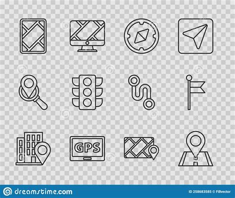 Set Line Location With House Compass Gps Device Map Traffic Light City Navigation And Marker