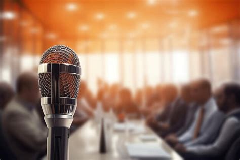 Premium Ai Image A Microphone In Front Of A Group Of People During A Public Speaking Event Or