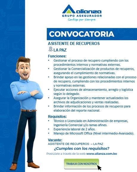 ATENCIÓN LA PAZ ASISTENTE DE RECUPEROS Funciones - Gestionar el proceso… | Alianza Seguros