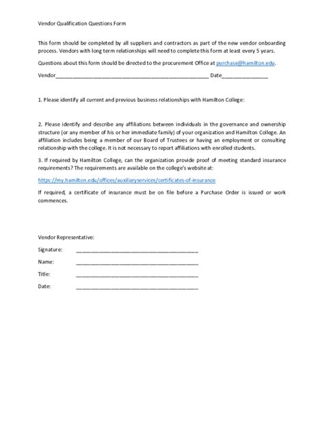 Fillable Online Vendor Qualification Questions Form This Form Should Be
