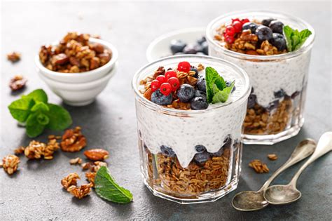 블루베리와 레드 커런트 파르페 치아 요구르트 홈메이드 귀리 그래놀라 신선한 베리를 곁들인 아침 식사 0명에 대한 스톡 사진 및 기타 이미지 Istock