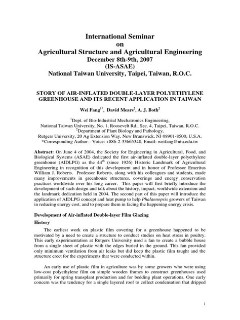Story Of Air Inflated Double Layer Polyethylene Geenhouse And Its Recnt Application In Taiwan