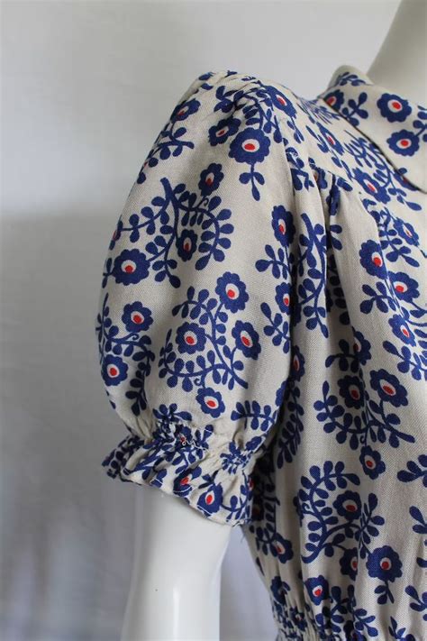 1930s Blue White Print Dress Vintage Style