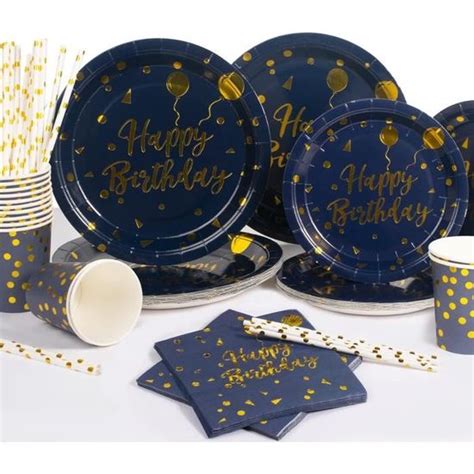 120Pcs Assiette Jetable Anniversaire Vaisselle Jetable Bleu Marine Et