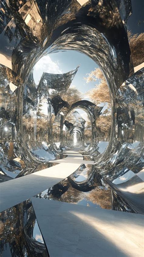 Futuristic Metallic Tunnel Reflecting Nature With Abstract Geometric