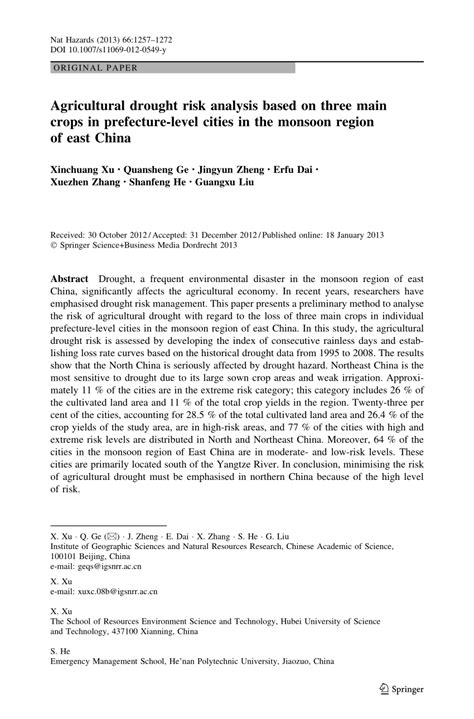 Pdf Agricultural Drought Risk Analysis Based On Three Main Crops In Prefecture Level Cities In