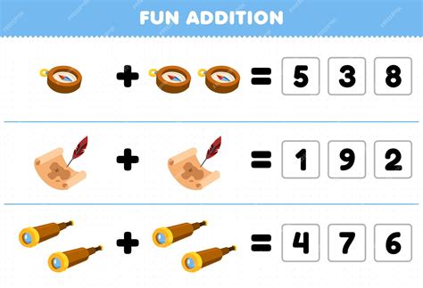 귀여운 만화 나침반 보물 지도와 망원경으로 인쇄할 수 있는 해적 워크시트의 정확한 수를 추측하여 어린이를 위한 재미있는 교육 게임 프리미엄 벡터