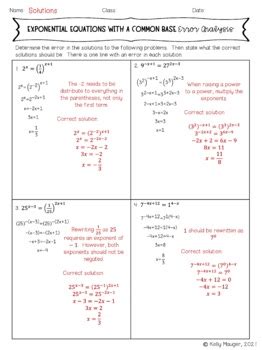 Solving Exponential Equations Rewriting With Common Base Error Analysis Activity