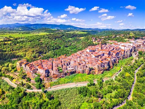 Pitigliano Italy Medieval Town Over Tuff Rocks In Province Of
